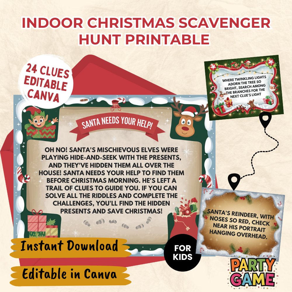 Indoor Christmas Scavenger Hunt Printable for Kids - Play Party Game