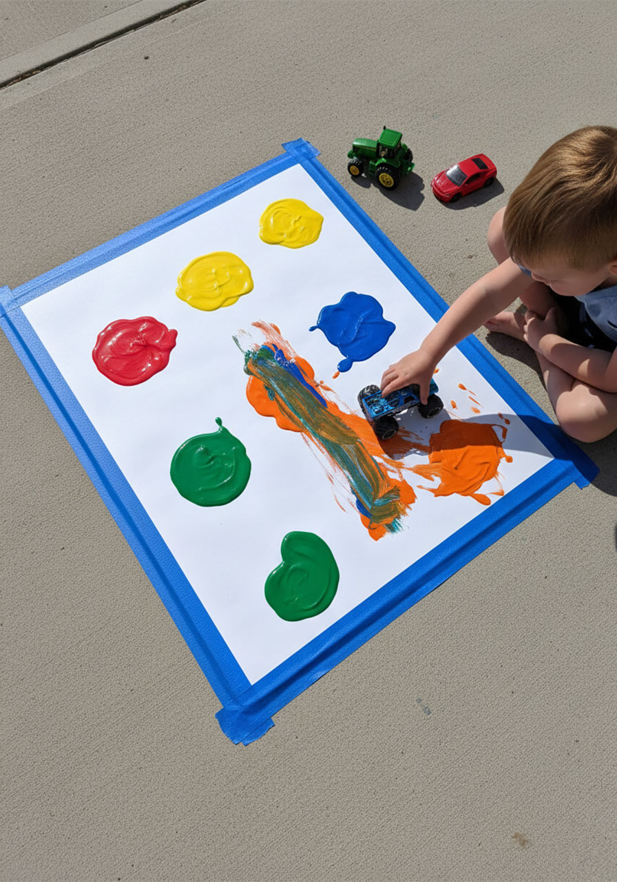 Painting With Cars: Easy Outdoor Art Activity Kids Love