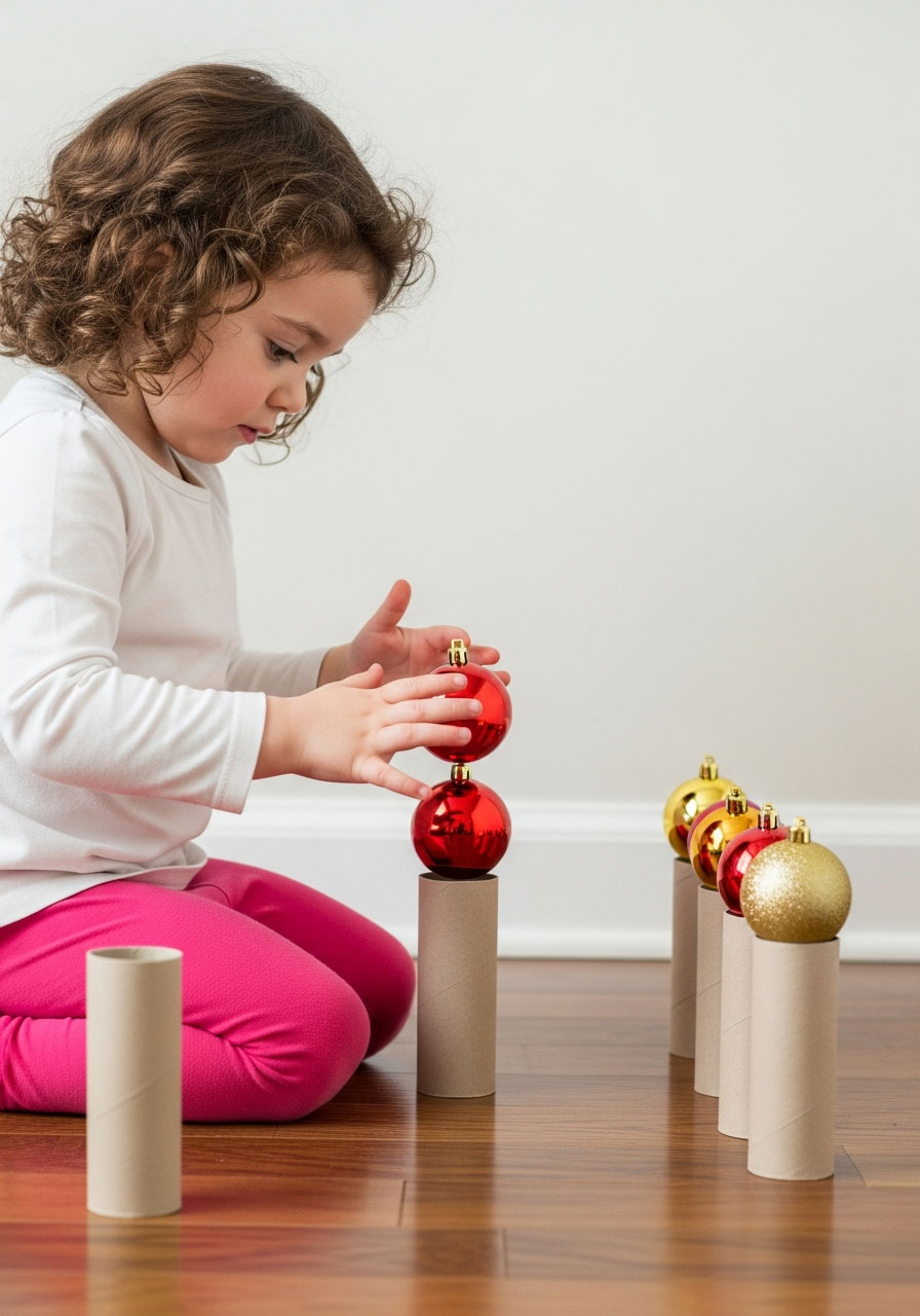 2-Minute Tubes & Christmas Baubles Activity for Toddlers