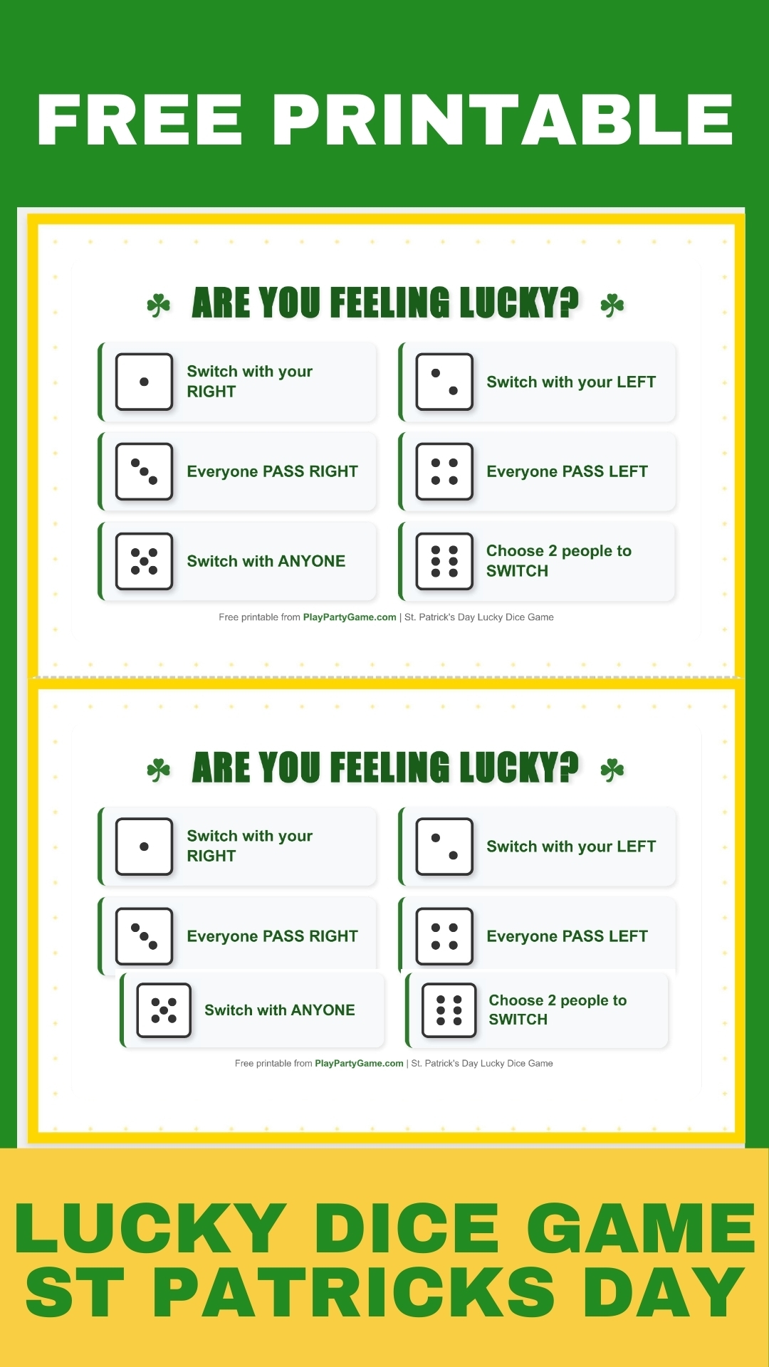 Free Printable Lucky Dice Game for St. Patrick's Day Fun