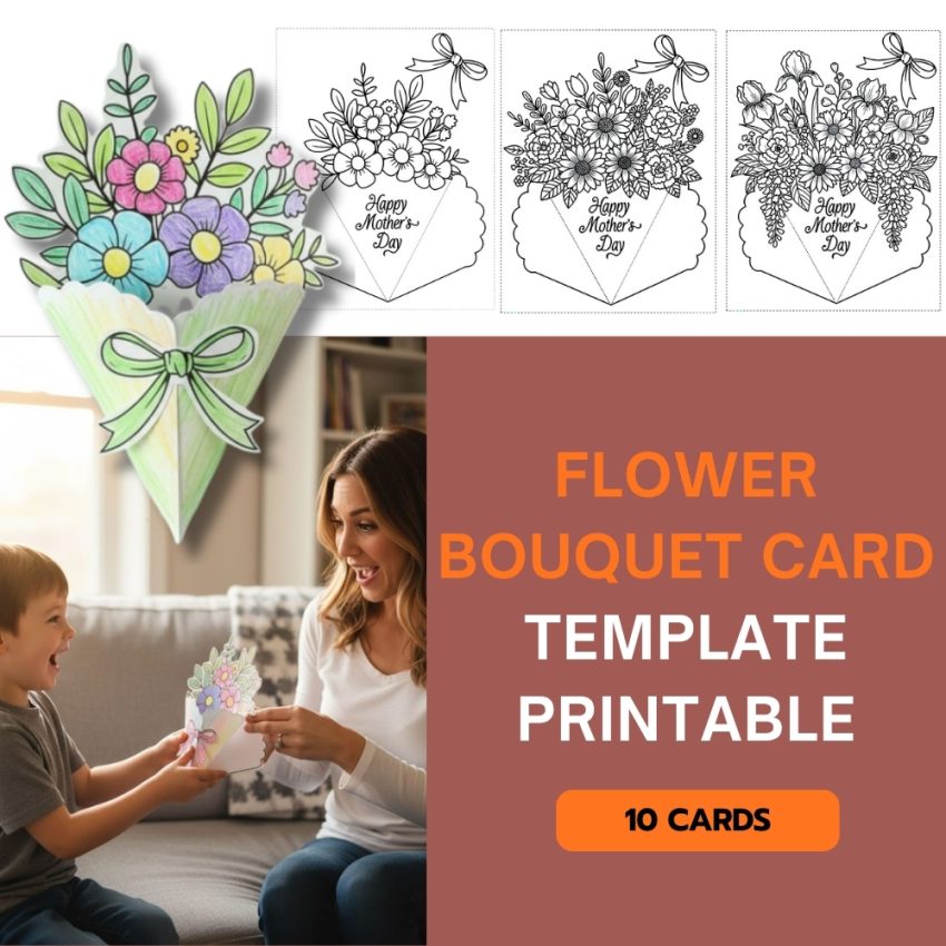 Printable Mother’s Day Bouquet Card Craft (10 Pack) | Kids Coloring Cards
