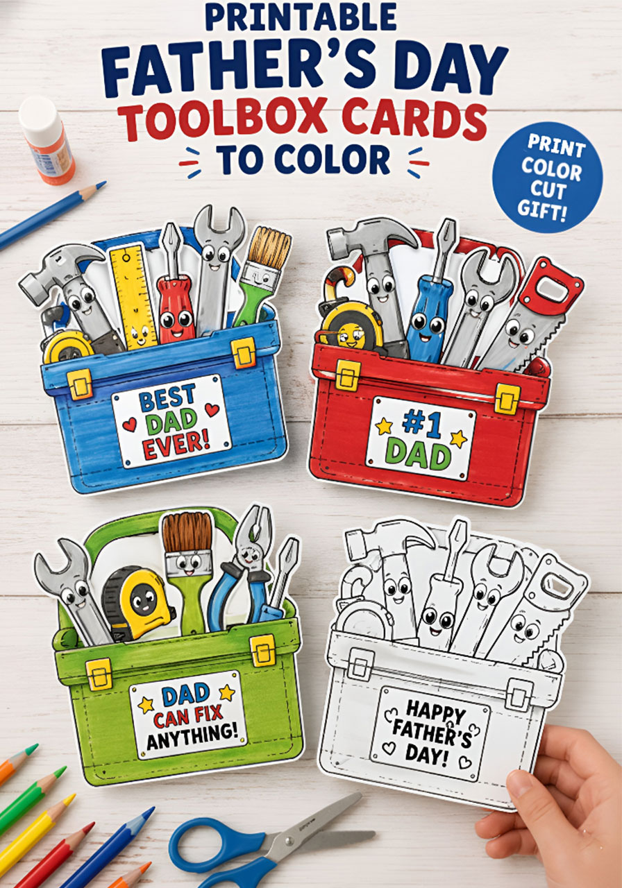 Printable Father's Day Toolbox Cards Kids Can Color & Gift